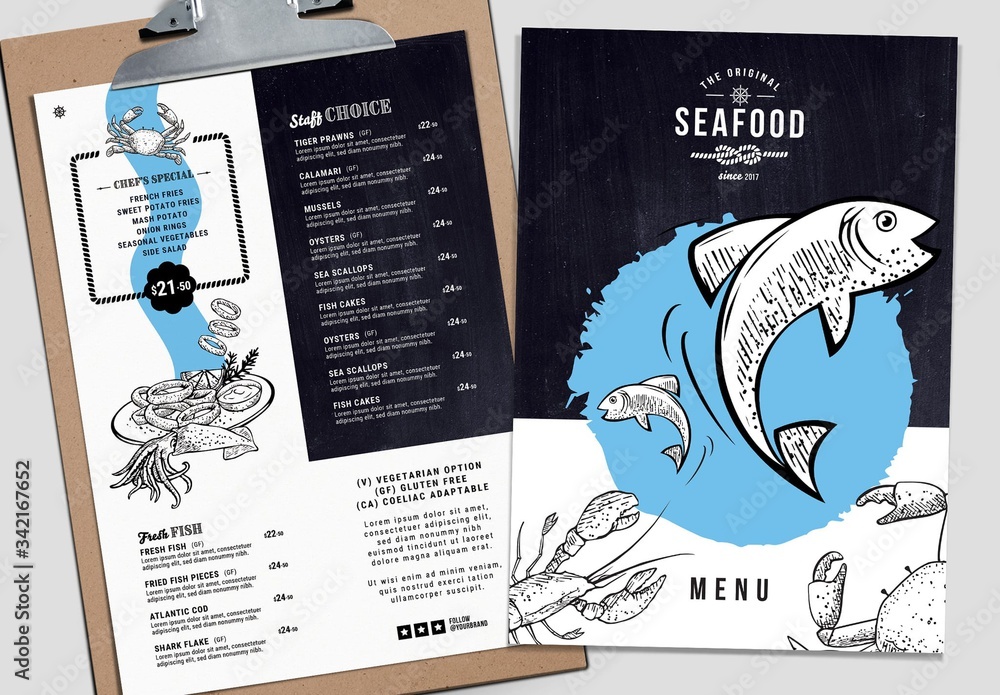 Seafood Menu Layout with Food Illustrations Stock Template | Adobe Stock