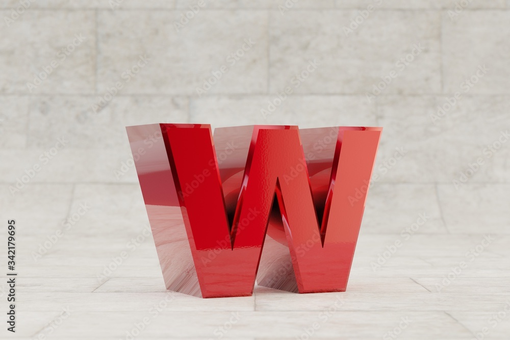 Red 3d letter W lowercase. Glossy red metallic letter on stone tile ...