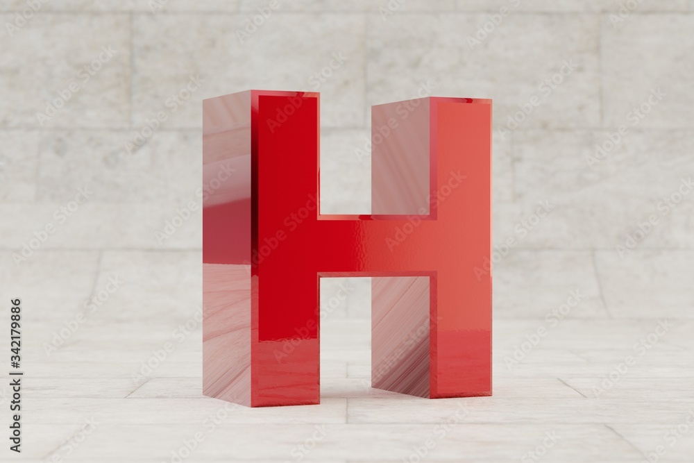 Red 3d letter H uppercase. Glossy red metallic letter on stone tile ...