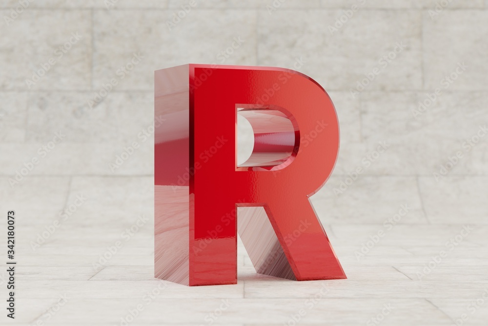 Red 3d letter R uppercase. Glossy red metallic letter on stone tile ...