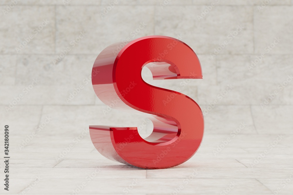 Red 3d letter S uppercase. Glossy red metallic letter on stone tile ...
