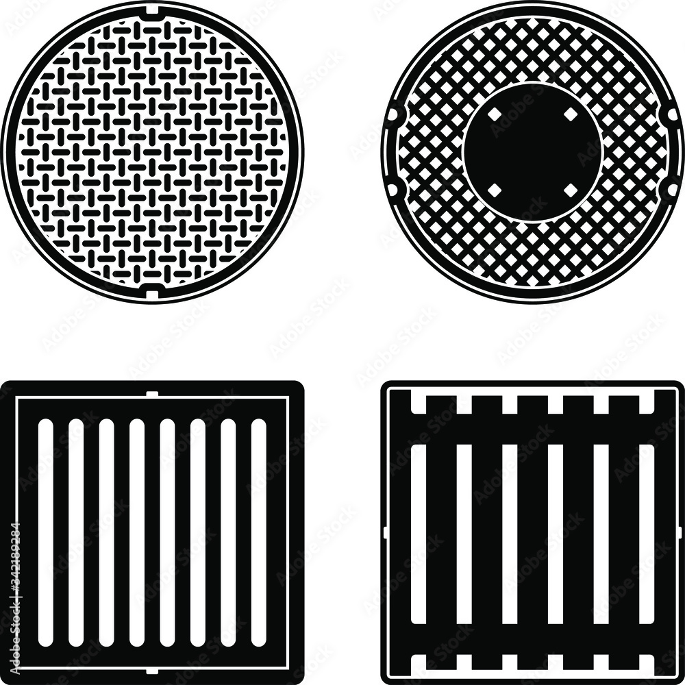 A set of vector sewer caps and grids isolated on a white background ...