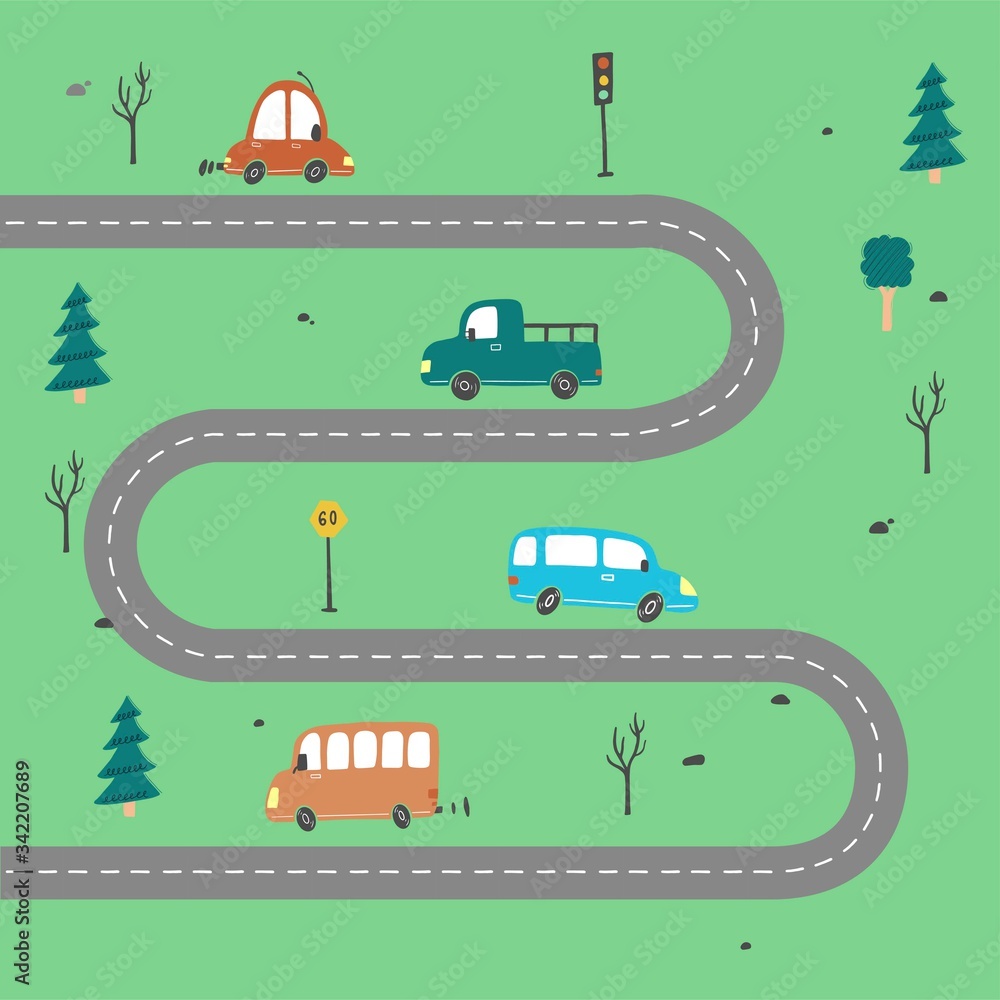 Cartoon cute kids map with car, road, city landscape elements. Cars ...