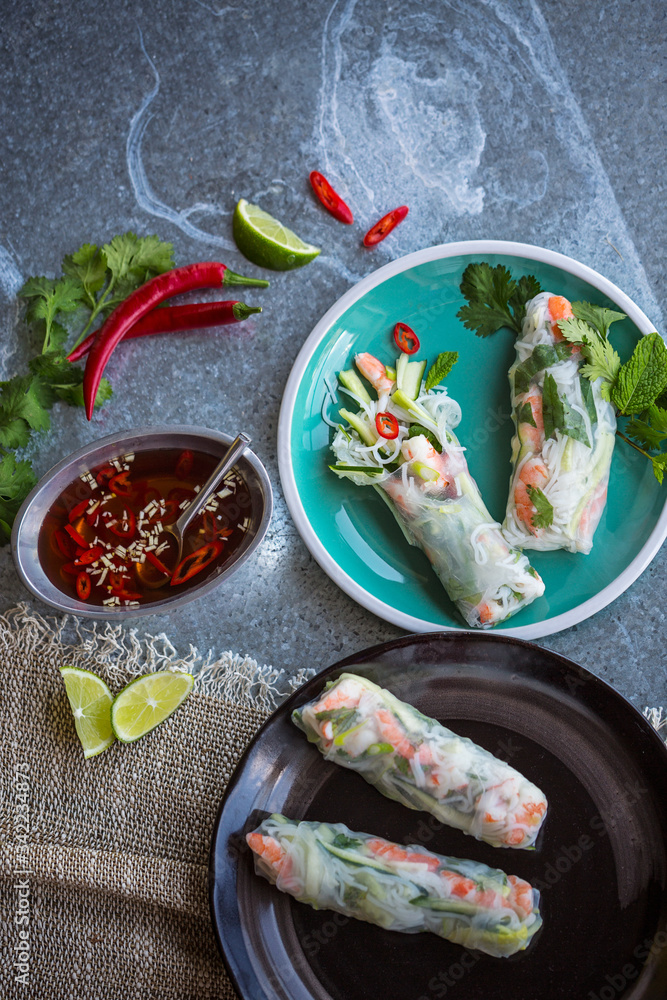 Vietnamese rice paper wraps with noodles, prawns, cucumber and sweet ...