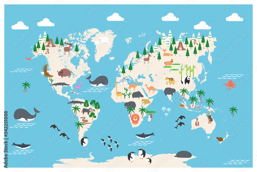 The world map with cartoon animals for kids, nature, discovery, ocean ...