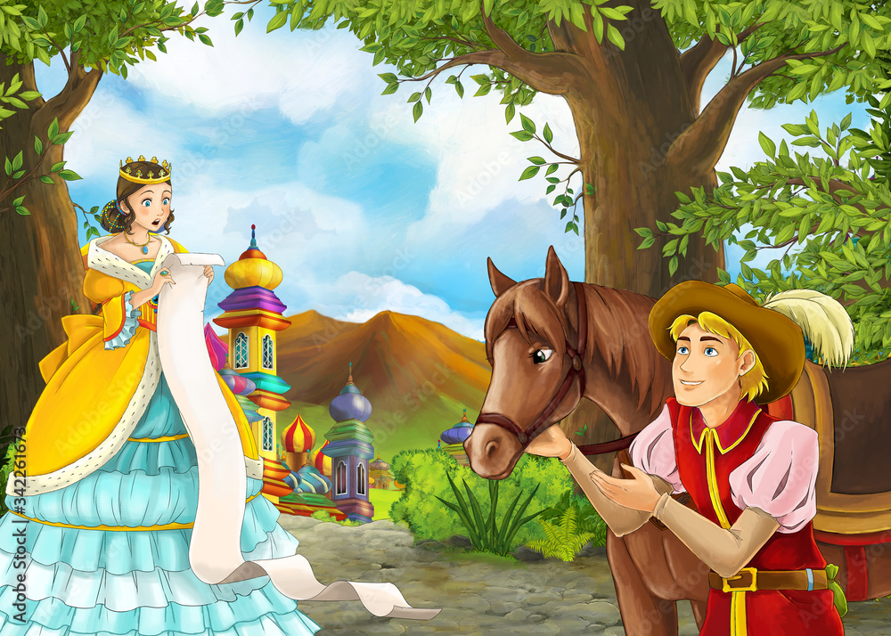 Cartoon nature scene with prince and princess and on journey Stock ...