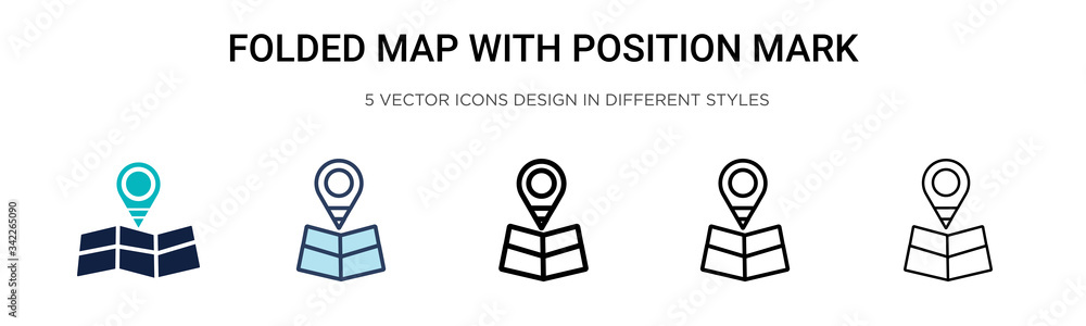 Folded map with position mark icon in filled, thin line, outline and ...