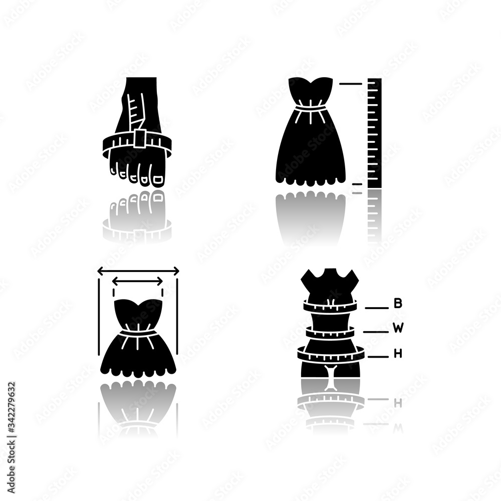 Female clothing size measurements drop shadow black glyph icons set ...