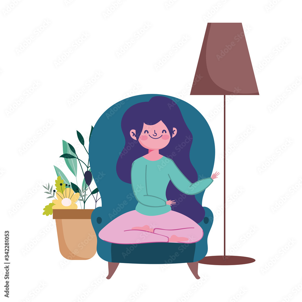 stay at home, girl sitting on chair with lmap and plant cartoon Stock ...