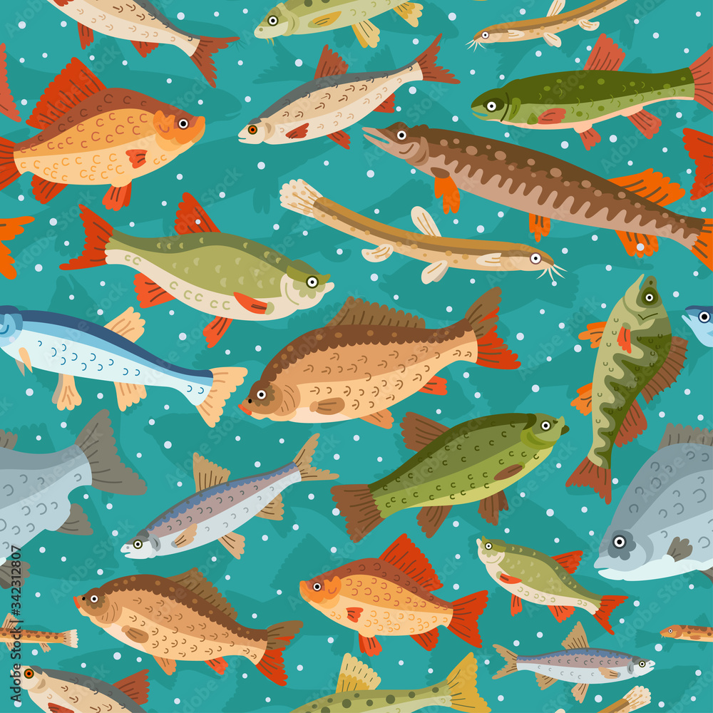Seamless freshwater fish pattern. A vector seafood Stock Vector | Adobe ...