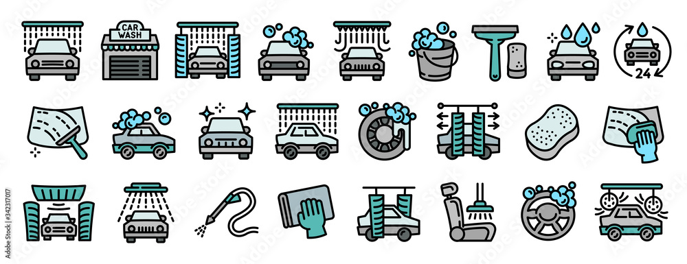 Car wash icons set. Outline set of car wash vector icons for web design ...