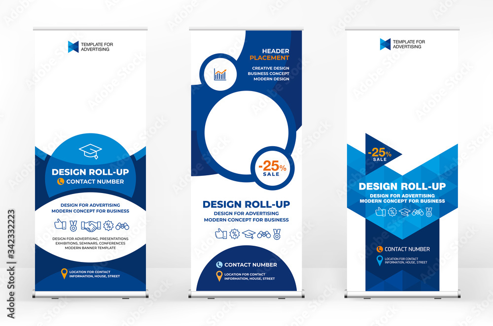 Set of different design options for advertising banners roll-up, modern ...