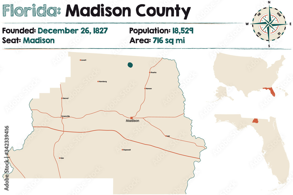Large and detailed map of Madison county in Florida, USA. Stock Vector ...