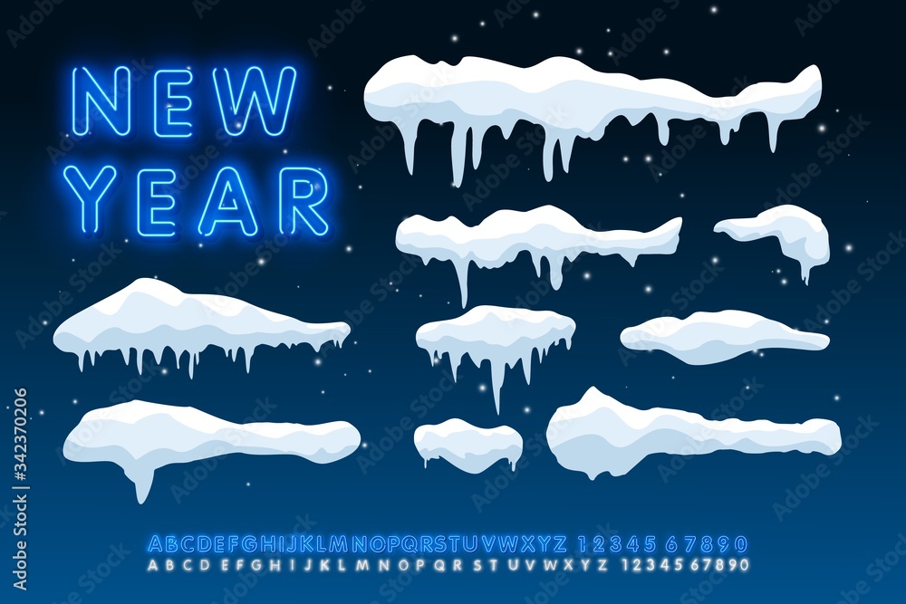 Snow caps, snowballs and snowdrifts are installed. Element of winter ...