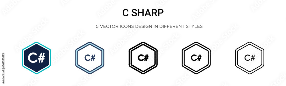 C sharp icon in filled, thin line, outline and stroke style. Vector illustration of two colored ...