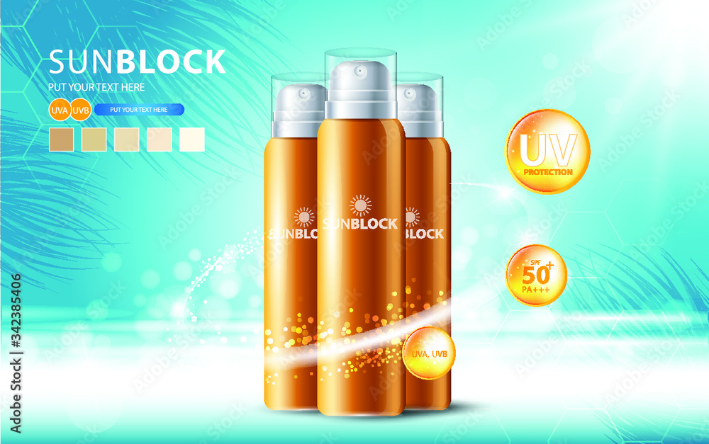 Sunblock ads template, sun protection cosmetic products design with ...