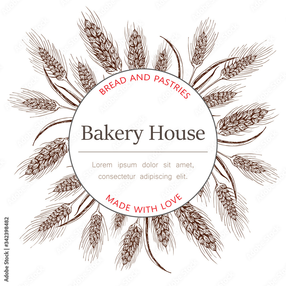 Bakery, pastry shop label, logo, flyer template with wheat ears wreath ...