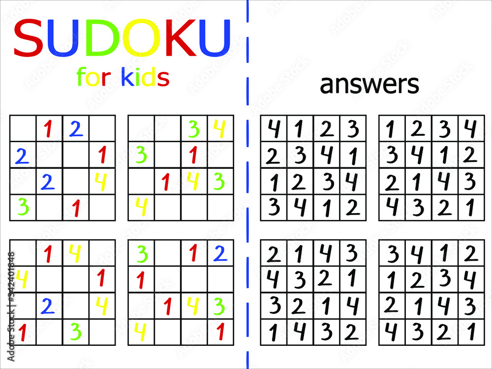 Simple sudoku set of four puzzles with answers. Colorful number game ...