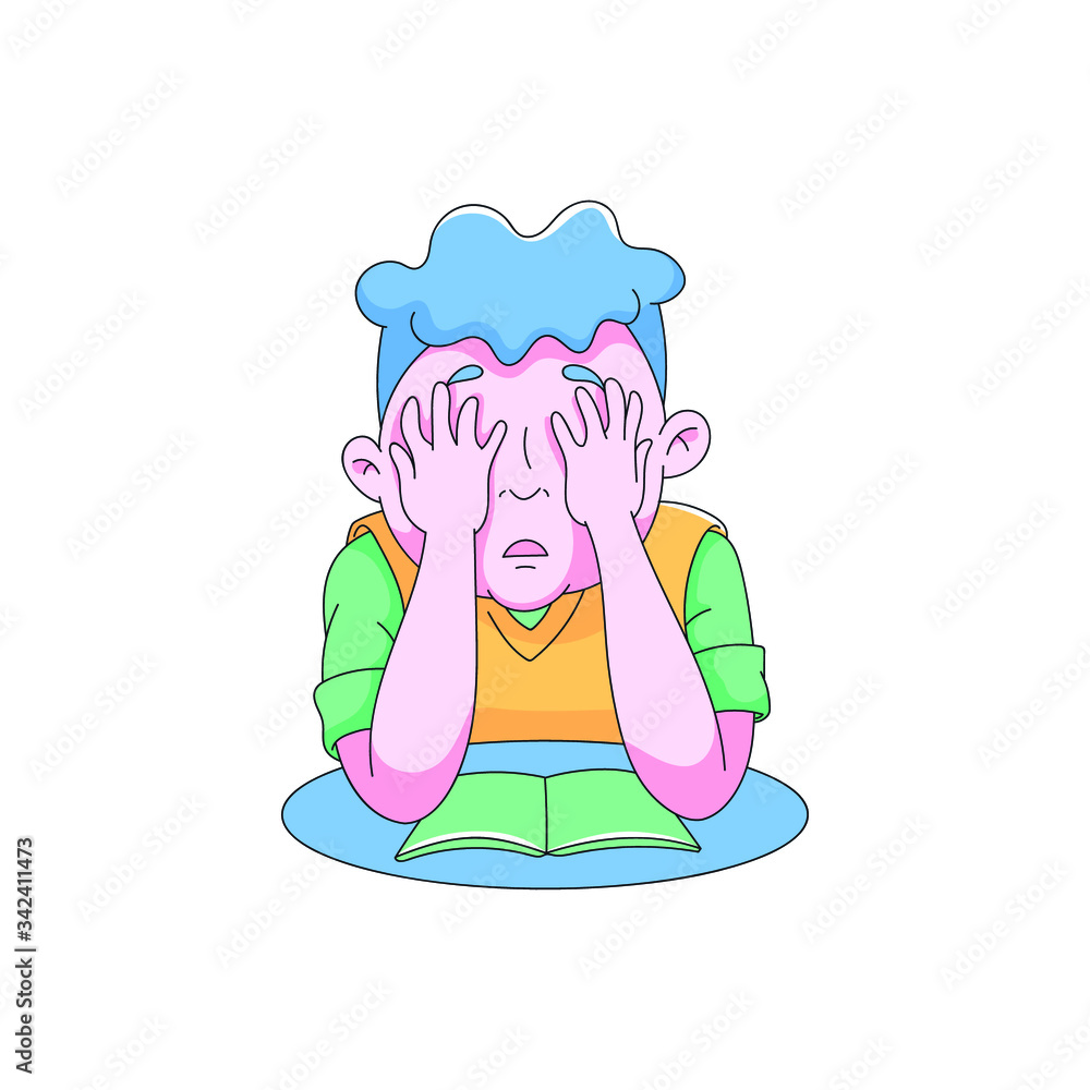 sad boy covers his face with hands crying while doing homework. exam or ...