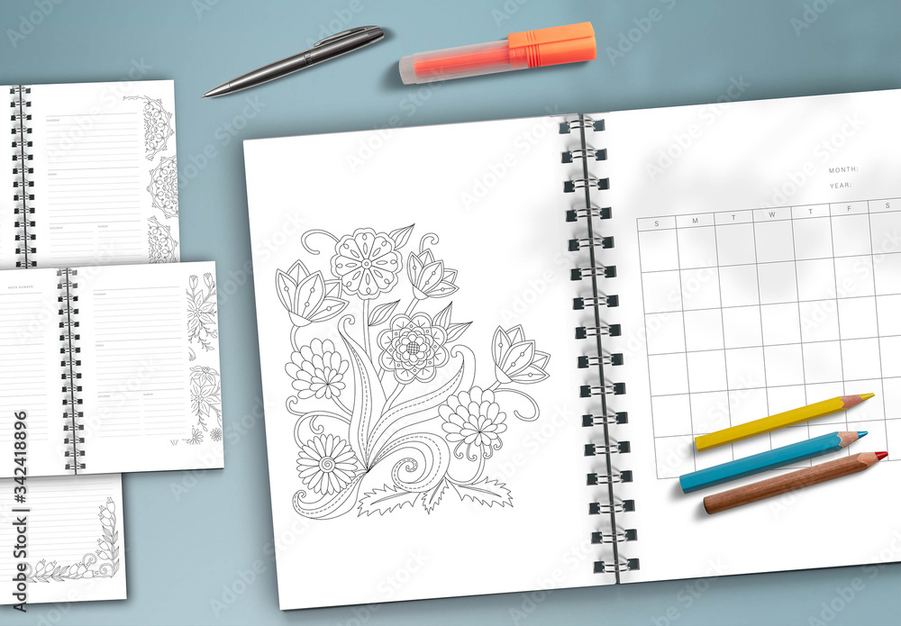 Weekly and Monthly Coloring Planner Layout Stock Template | Adobe Stock