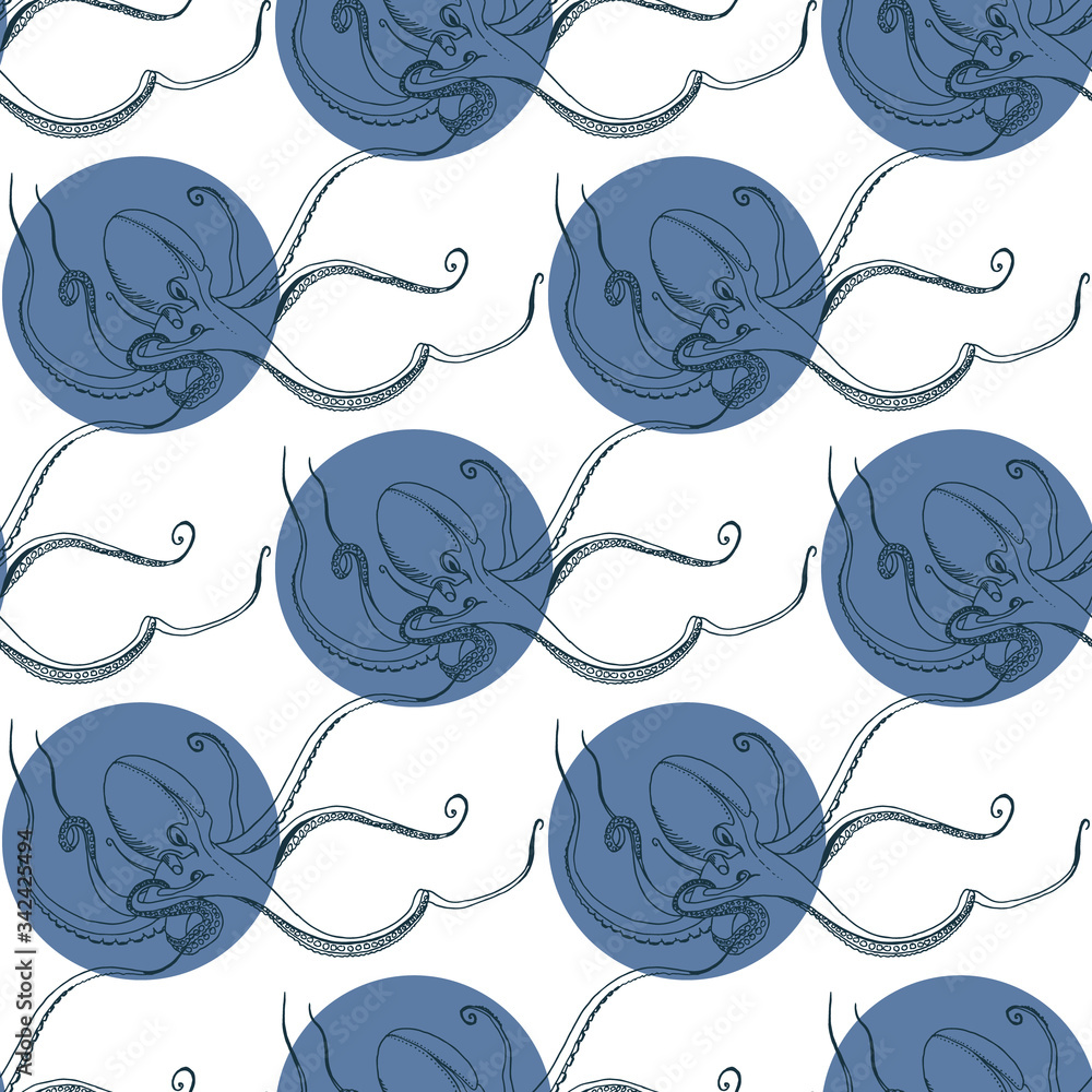 Seamless pattern of an octopus.Deep blue. Doodle hand-draw ...