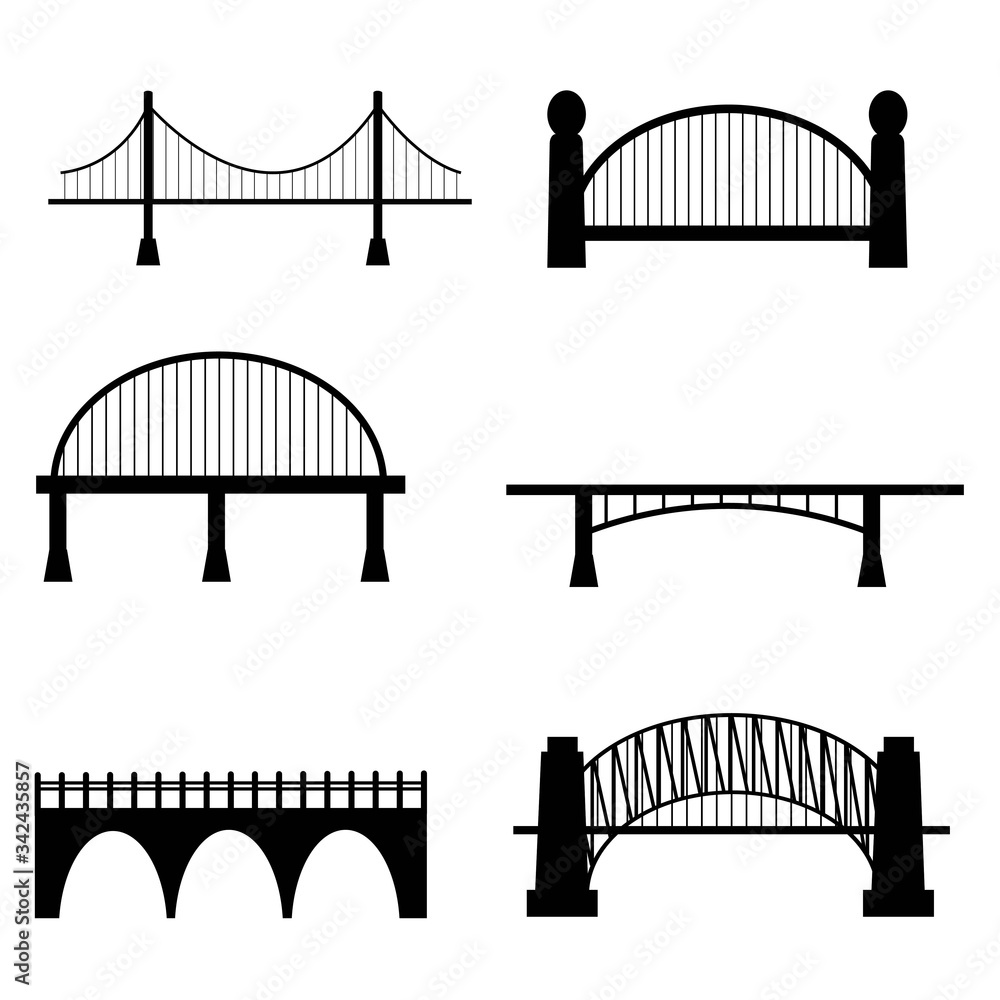 Set of six types of bridge in cuontuor black colour isolated on white ...