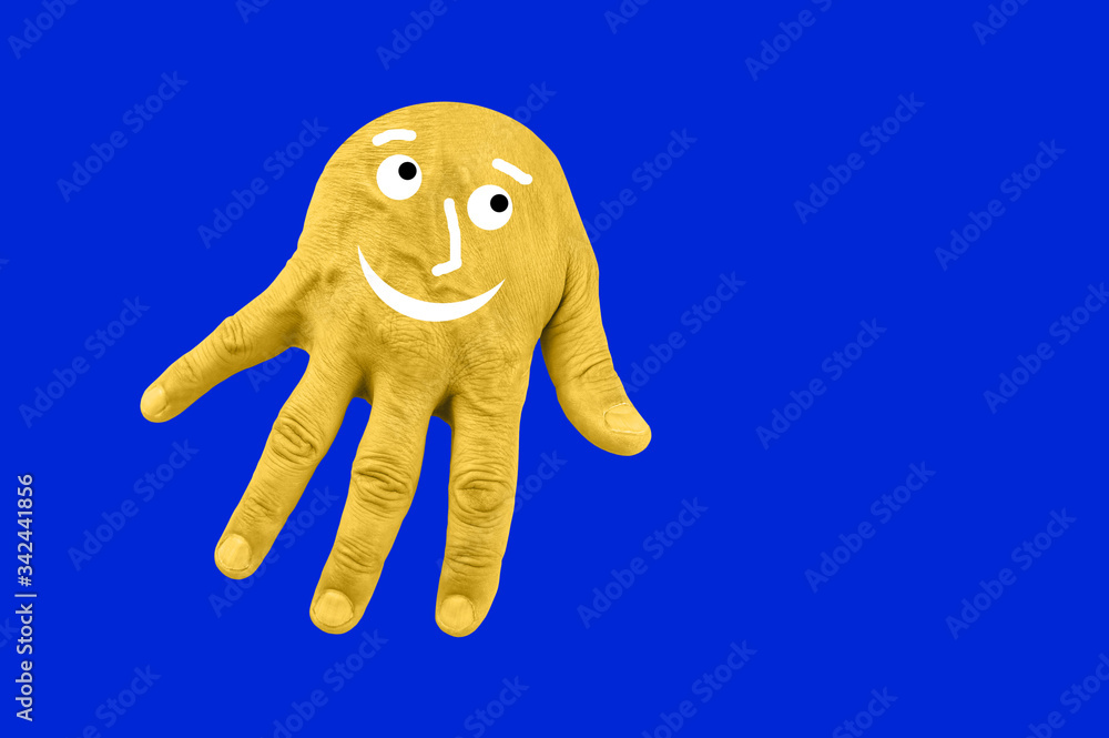 Hand and smiley face in a pop art collage style in neon bold colors ...