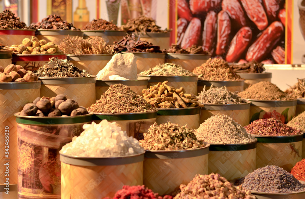 Rows & heaps of aromatic spices & herbs on display at the famous Spice ...