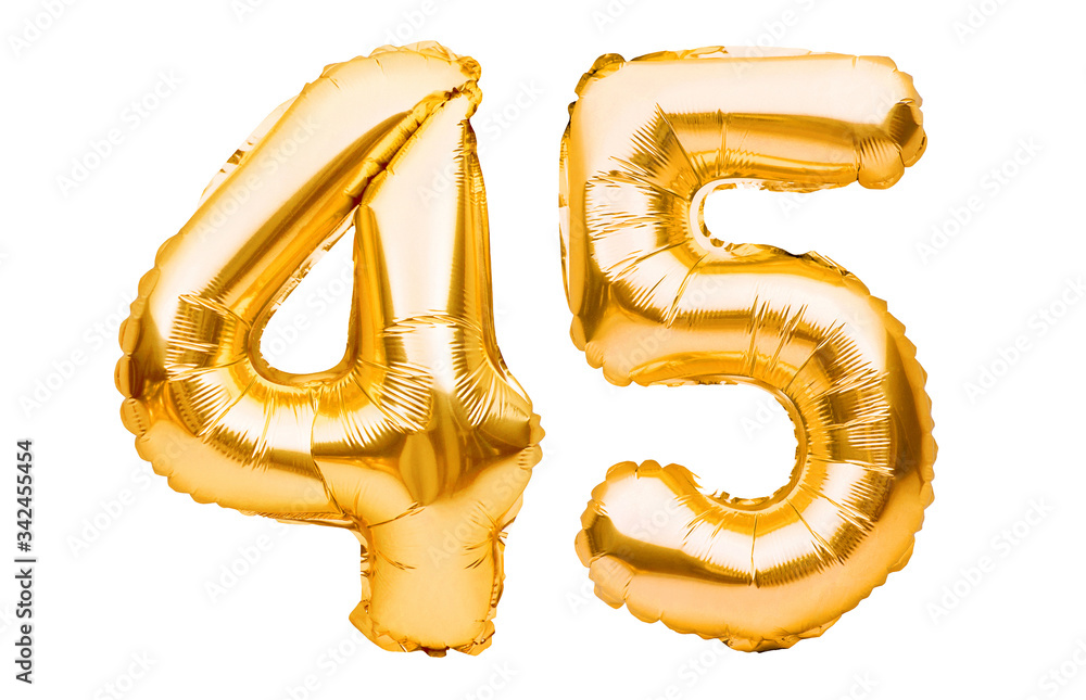 Number 45 forty five made of golden inflatable balloons isolated on ...
