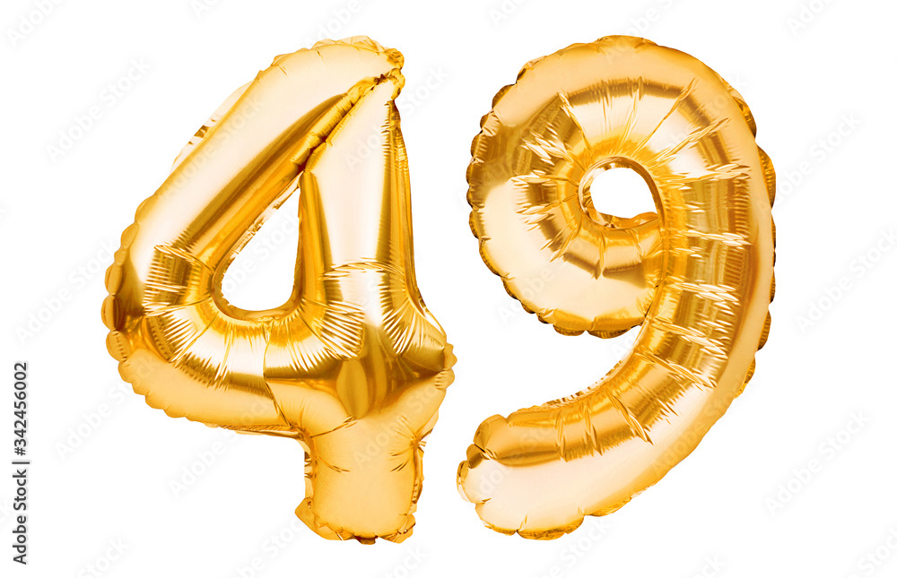 Number 49 forty nine made of golden inflatable balloons isolated on ...
