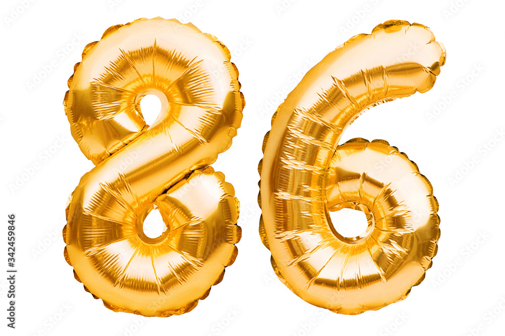 Number 86 eighty six made of golden inflatable balloons isolated on ...
