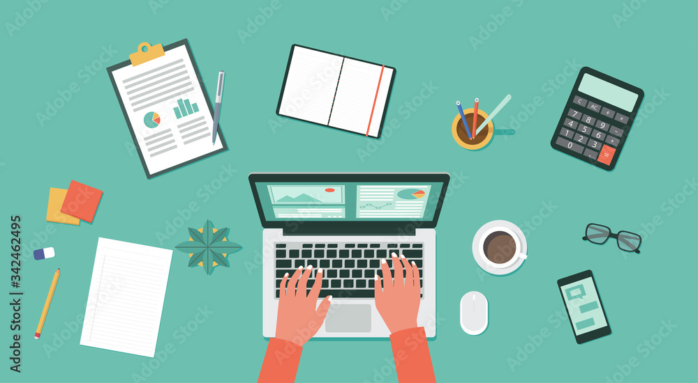 work from home, remote working, connecting online on laptop computer ...