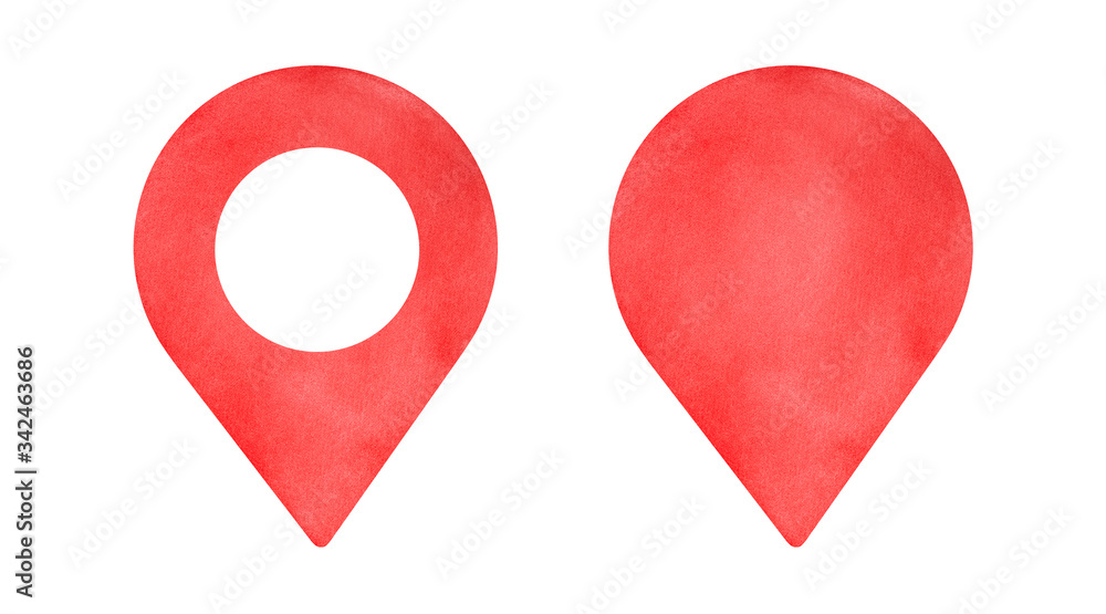 Water color illustration set of bright red Map Pin symbols. The empty ...
