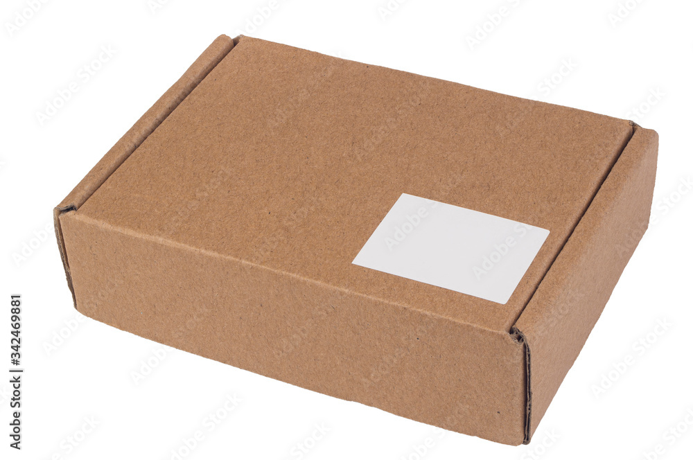 Brown cardboard box closed with a sticker label. Isolate on a white ...