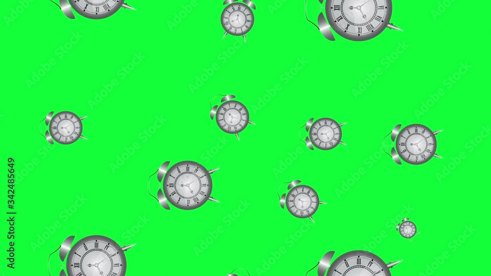 Group of animated cartoon vintage old style clocks, green screen chroma ...