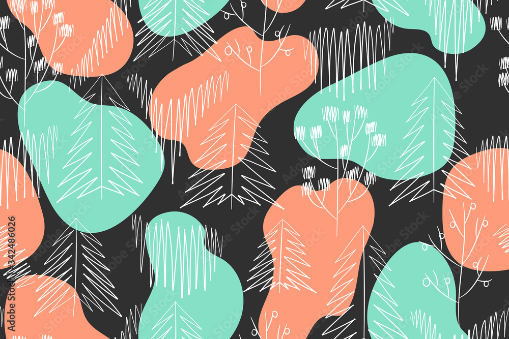 Seamless forest pattern in scandinavian style. Graphic contour spruce ...