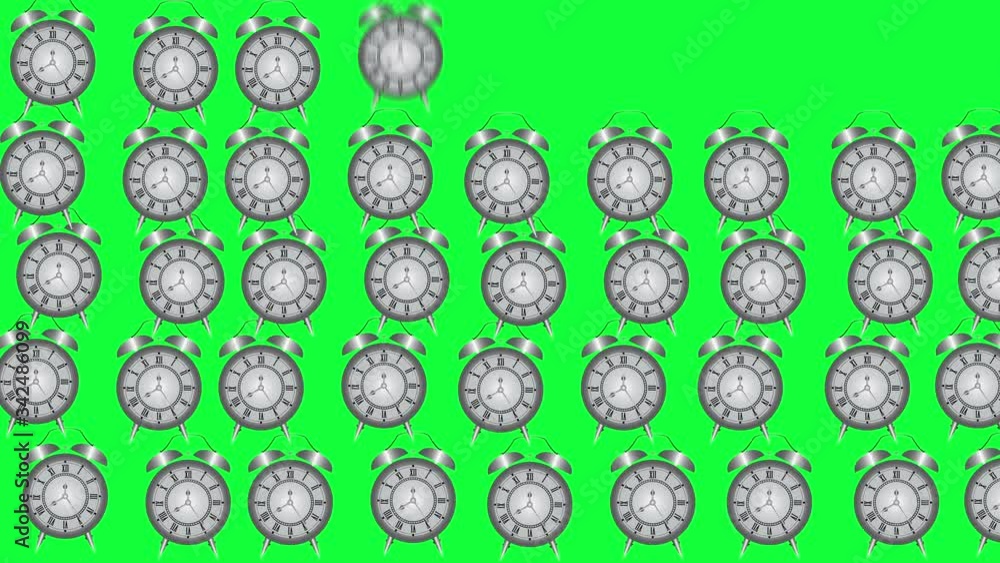 Group of animated cartoon vintage old style clocks, green screen chroma ...
