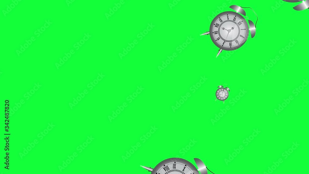Group of animated cartoon vintage old style clocks, green screen chroma ...