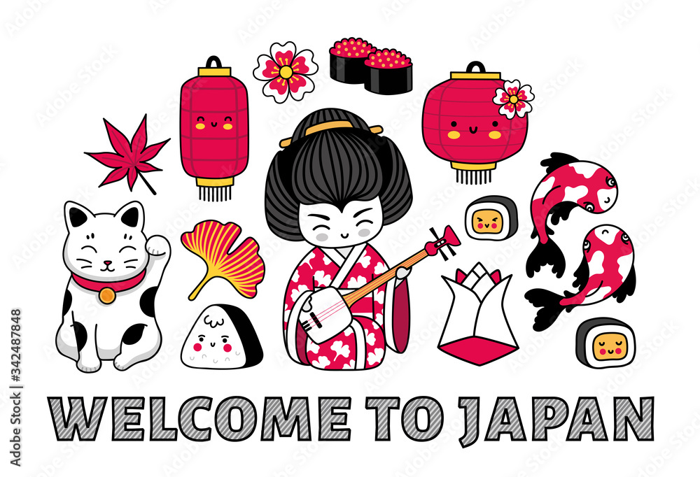 Welcome to Japan banner. Kawaii geisha with shamisen, koi carps, maneki ...