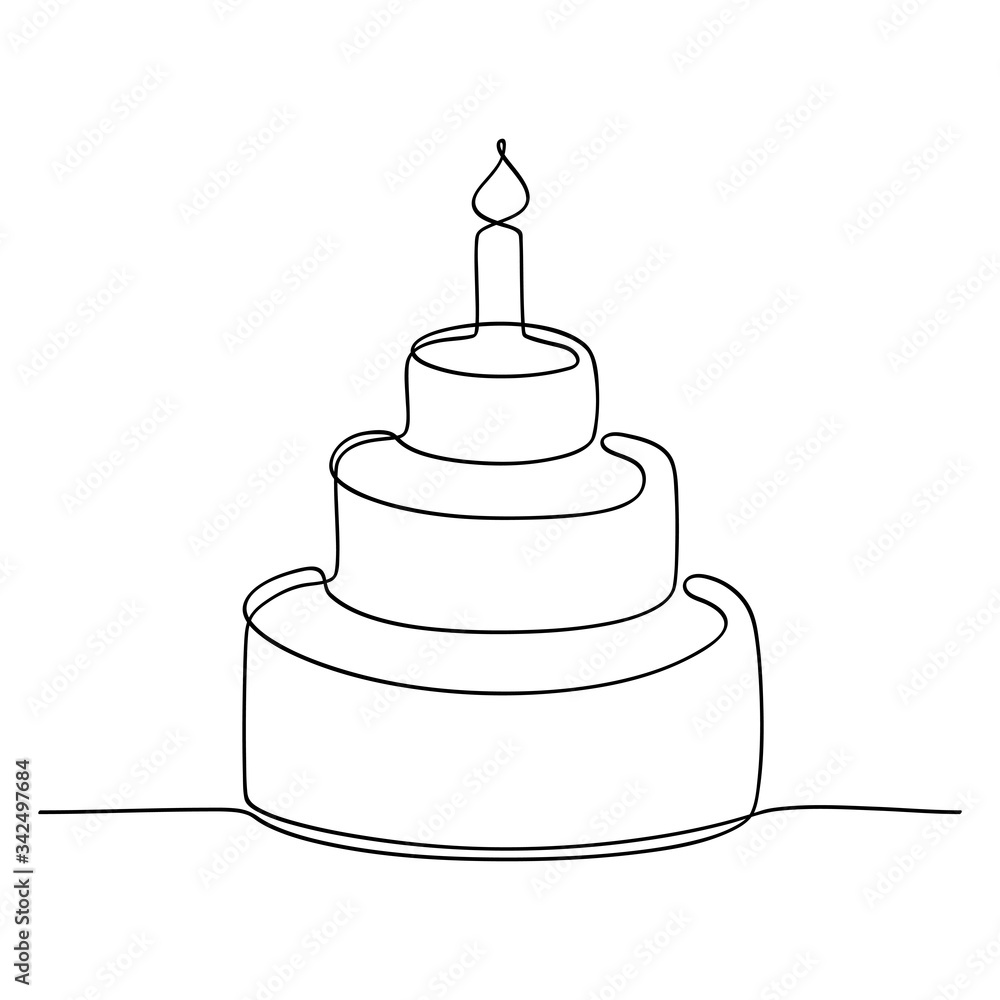 Continuous line drawing. Tiered birthday cake with candle. Symbol of ...