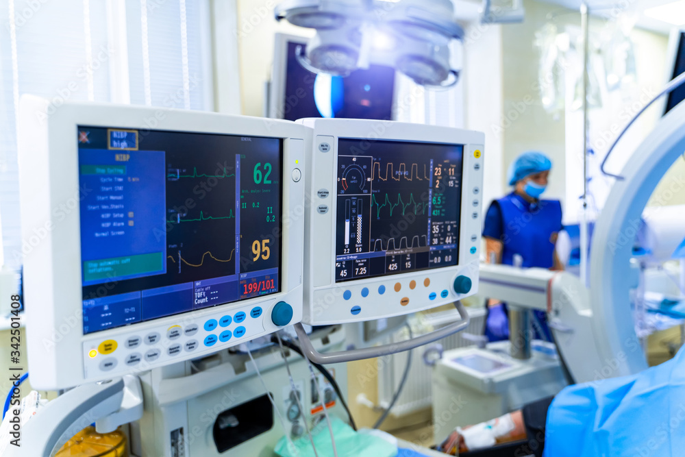 Two screens in operating room. Medical devices, Interior hospital ...