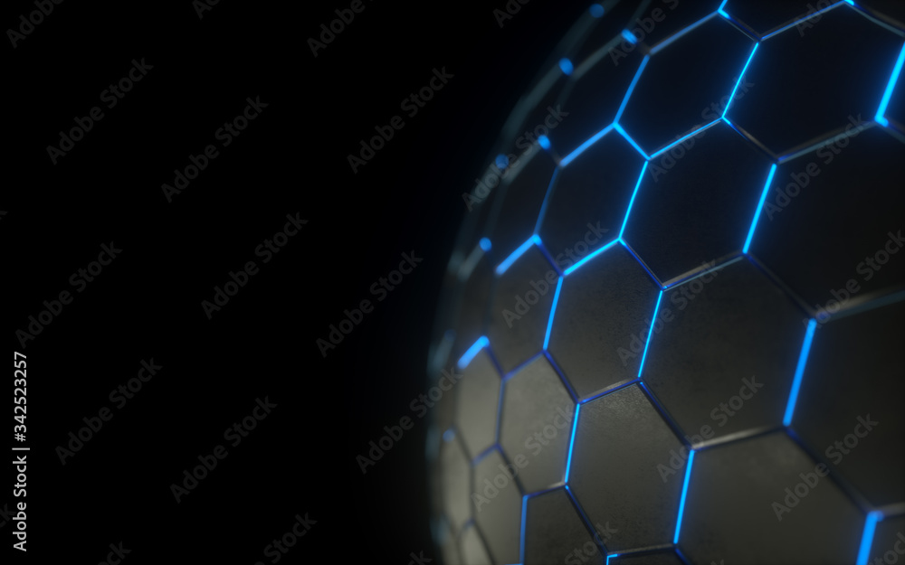 Futuristic hexagonal sphere glowing in blue, advanced technology ...