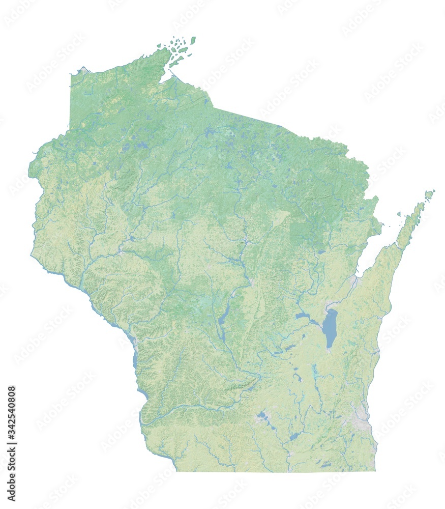 High resolution topographic map of Wisconsin with land cover, rivers ...