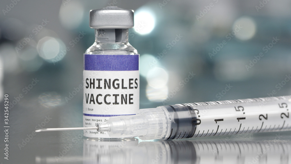 Shingles vaccine vial in medical lab with syringe Stock Photo | Adobe Stock