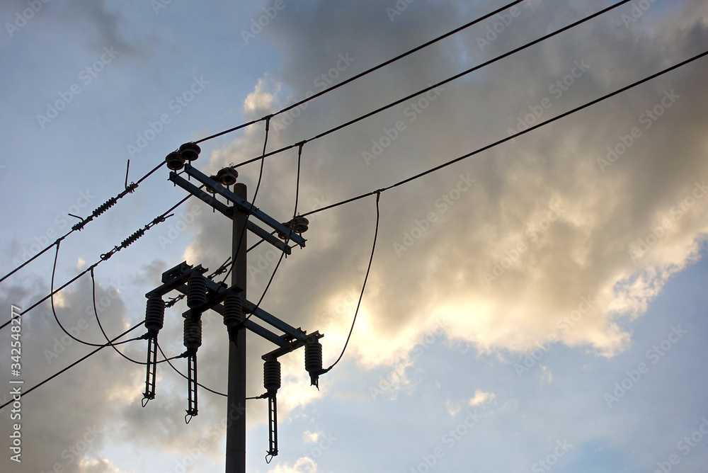 Pole line with electricity cables, electricity concept Stock Photo ...
