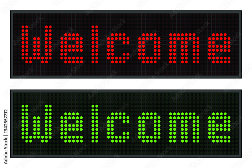 Led digital welcome text. Red and green light effect black background ...