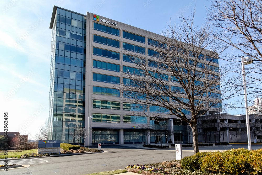 Reston, Virginia, USA- March 1, 2020: Microsoft Corporation office ...