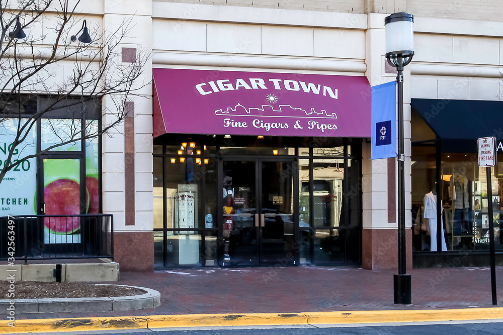 Reston, Virginia, USA - March 1, 2020: A Cigar Town tobacco shop in ...