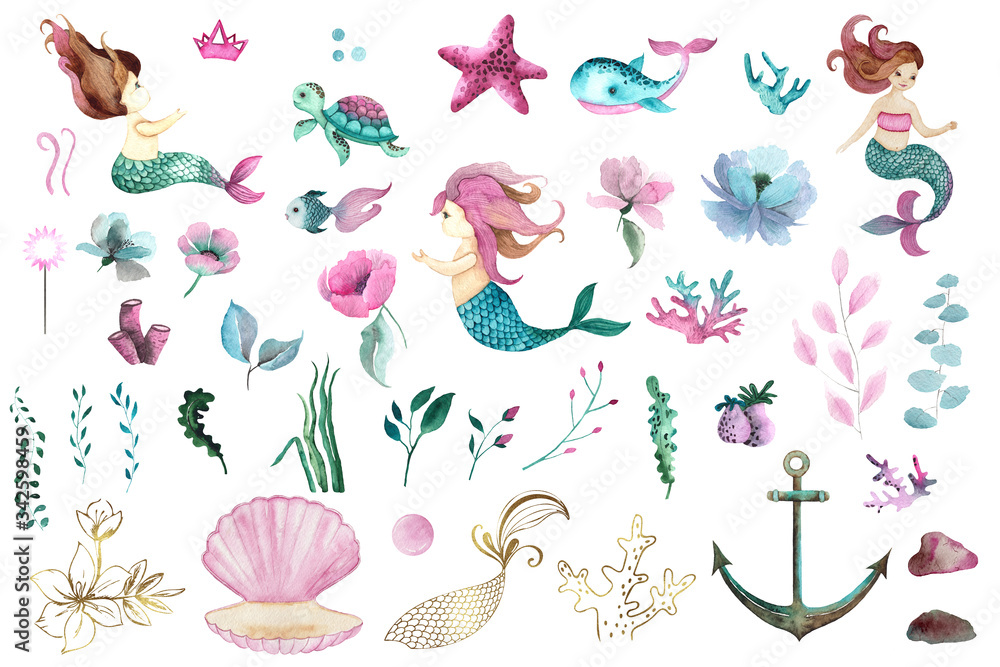 Watercolor Little Mermaid hand painted collection with 3 cute little ...