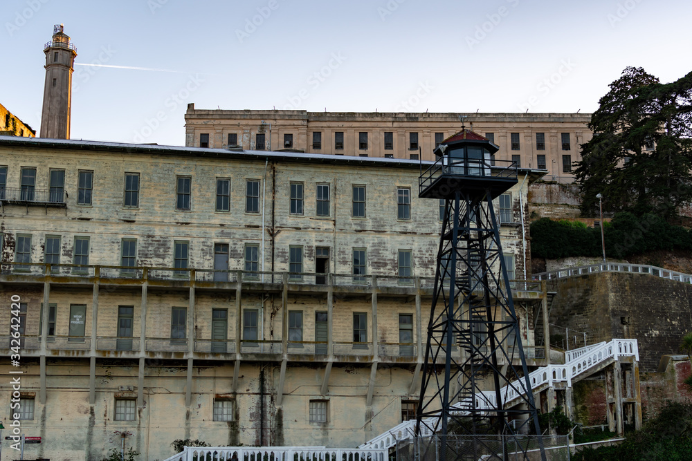 Guard tower, barracks apartment and lighthouse at Alcatraz Island ...